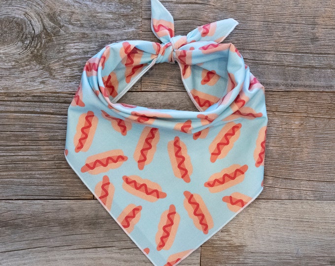 Hot Dog on Blue Dog Bandana, Tie on Dog Bandana - Etsy