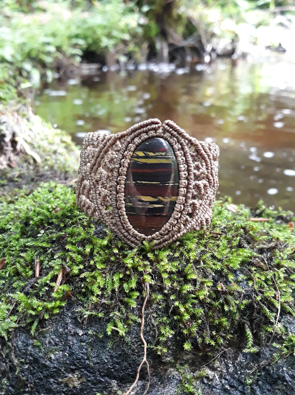 Macrame Cuff Bracelet With an Iron Eye Cabochon - Etsy