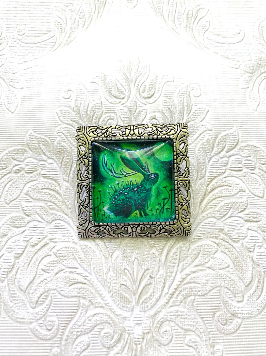 Square Brooch Bunny Rabbit, Rabbit Art, Green, Plants, Dark Surrealism ...