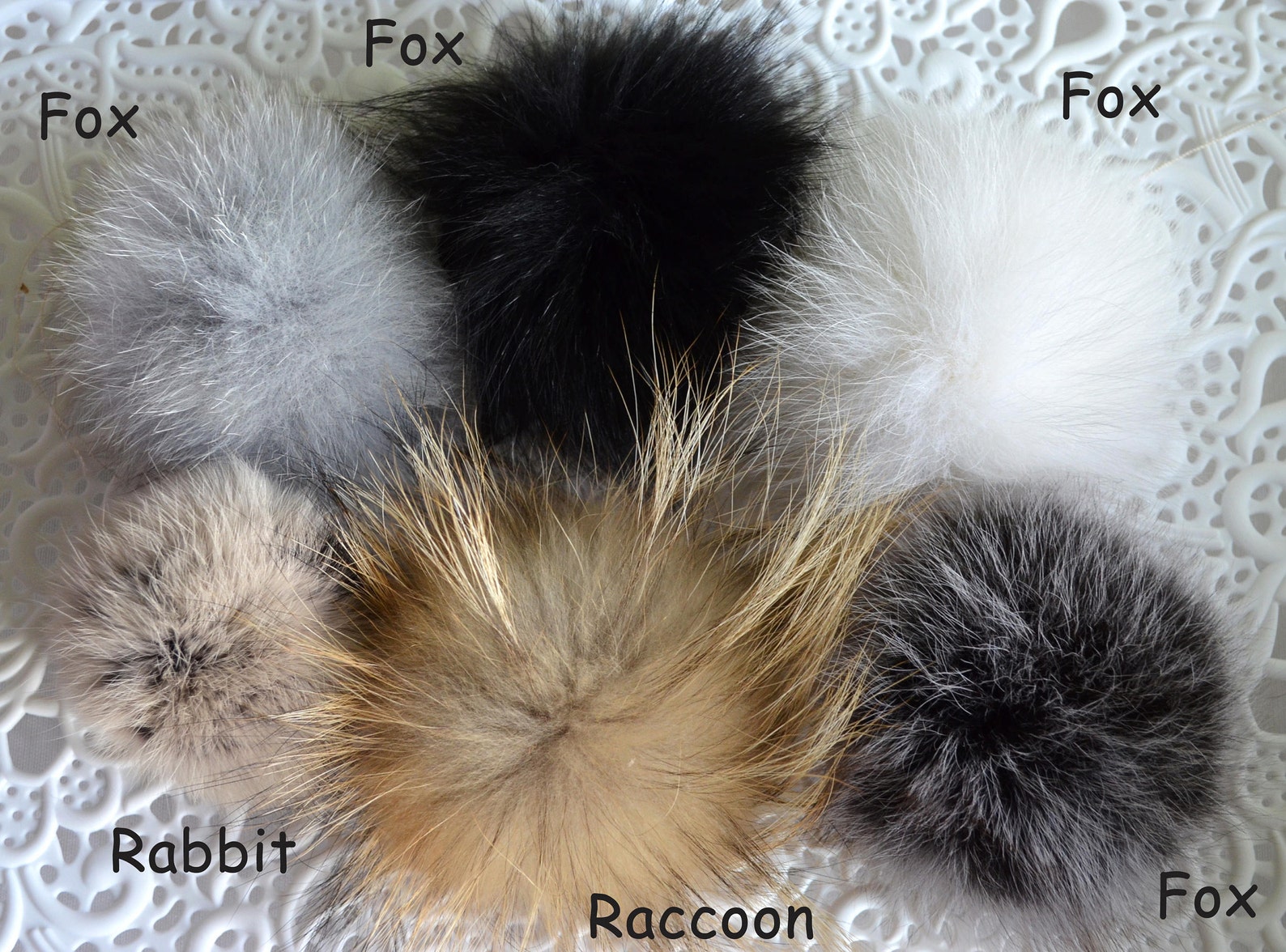 Set of 6 real fur pom poms Genuine Raccoon Arctic fox Rabbit | Etsy