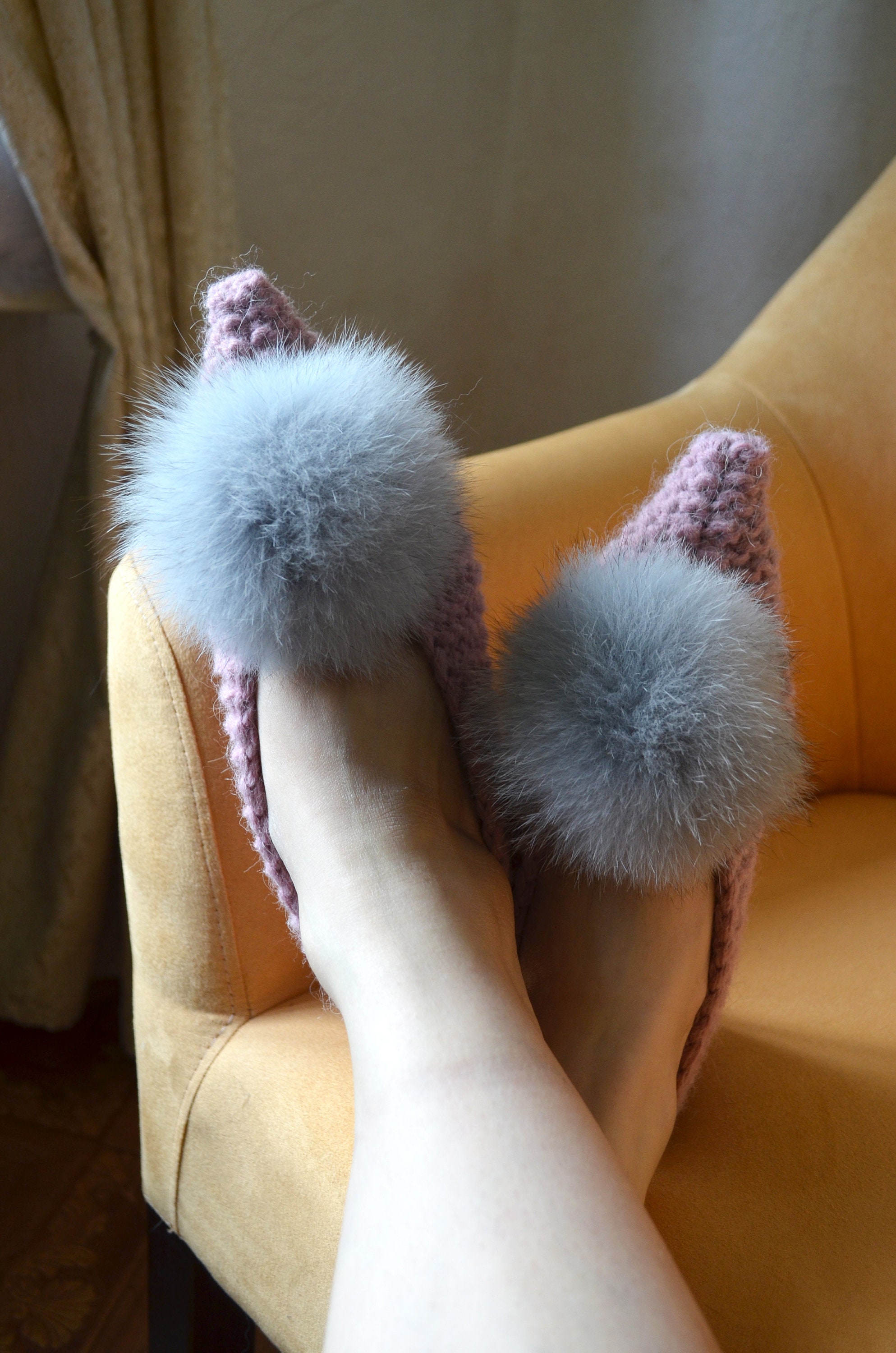 Knitted Slippers With Fox Fur Pom Poms Light Pink House Wool | Etsy