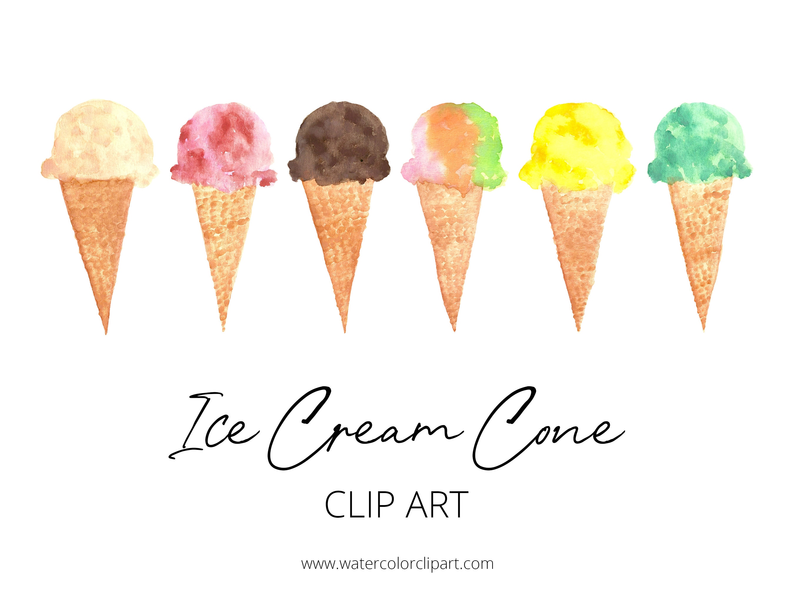 Handpainted Watercolor Ice Cream Cone Clipart, Custom Invitations Clip ...