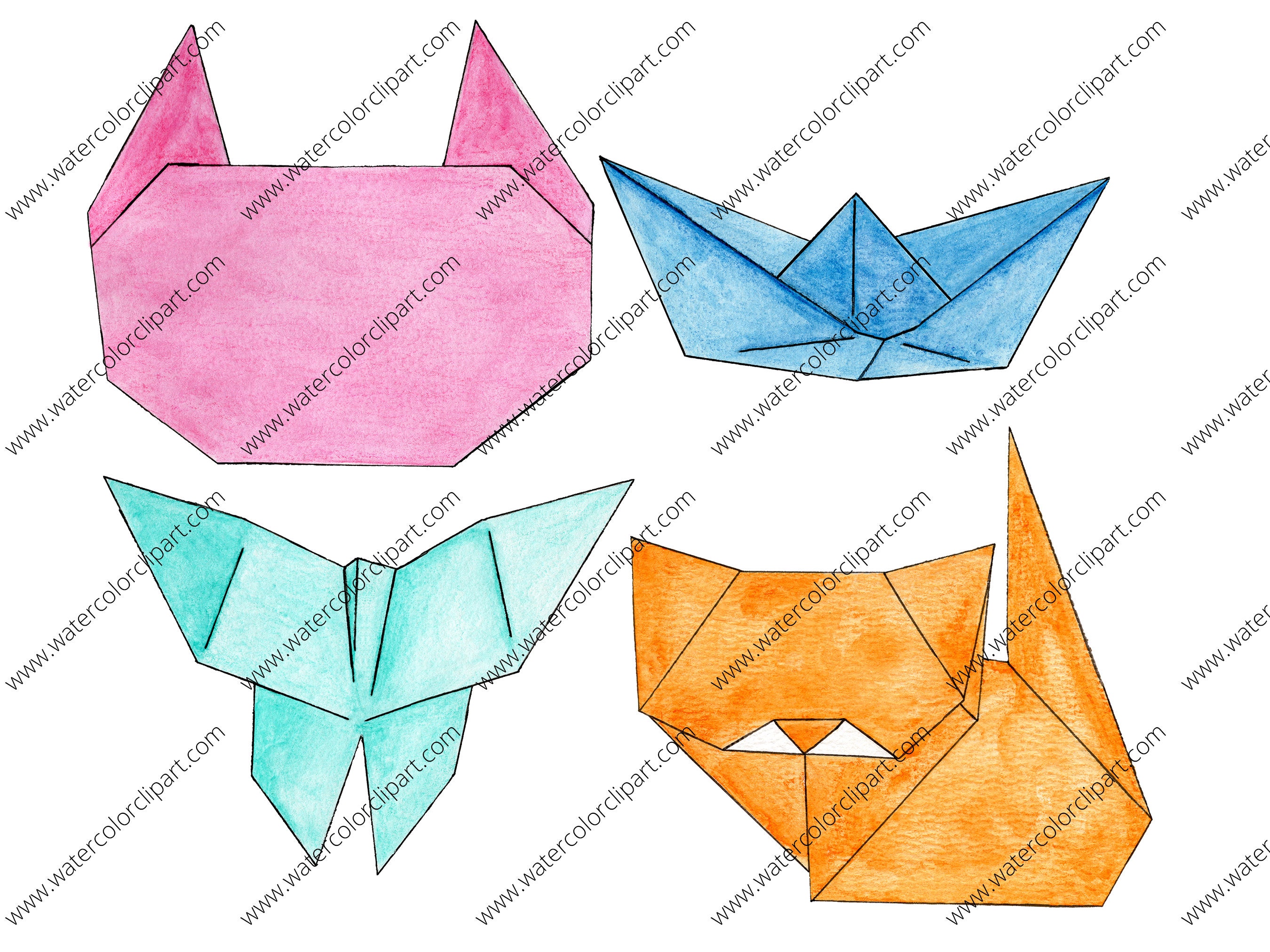 Watercolor Origami Clip Art, Japanese Clipart, Unlimited Commercial ...
