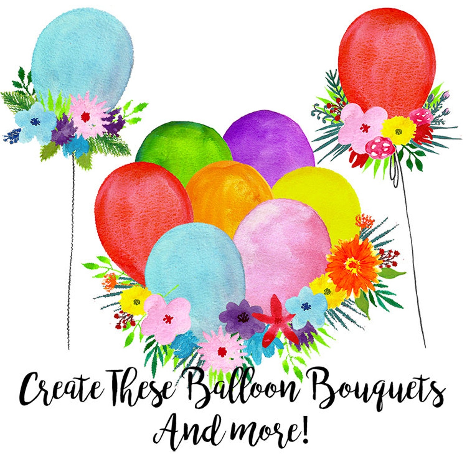 Birthday Balloon Floral Clip Art, Balloon Clipart, DIGITAL DOWNLOAD ...