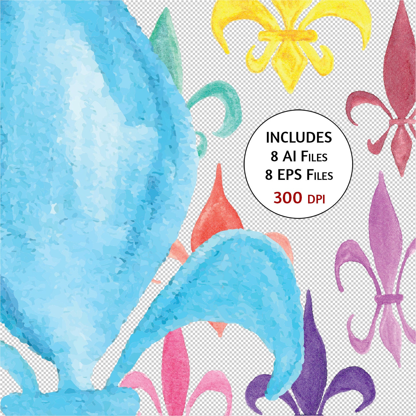 Watercolor Mardi Gras Fleur De Lis Clip Art, Instant Download, Rainbow ...