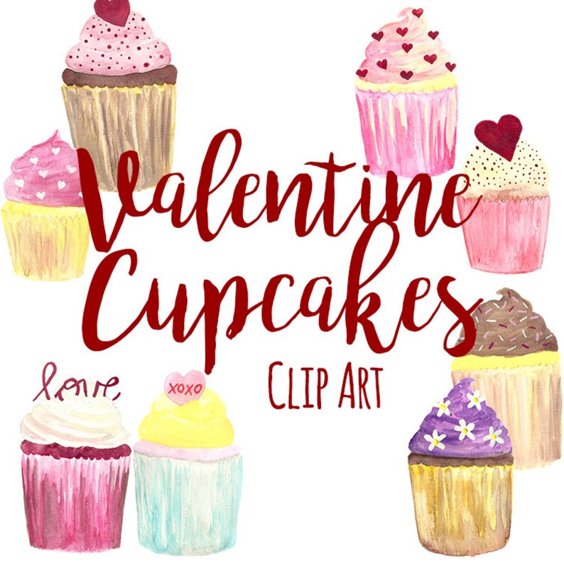Valentine's Day Heart Cupcakes Clip Art, Baking Clip Art, Watercolor ...