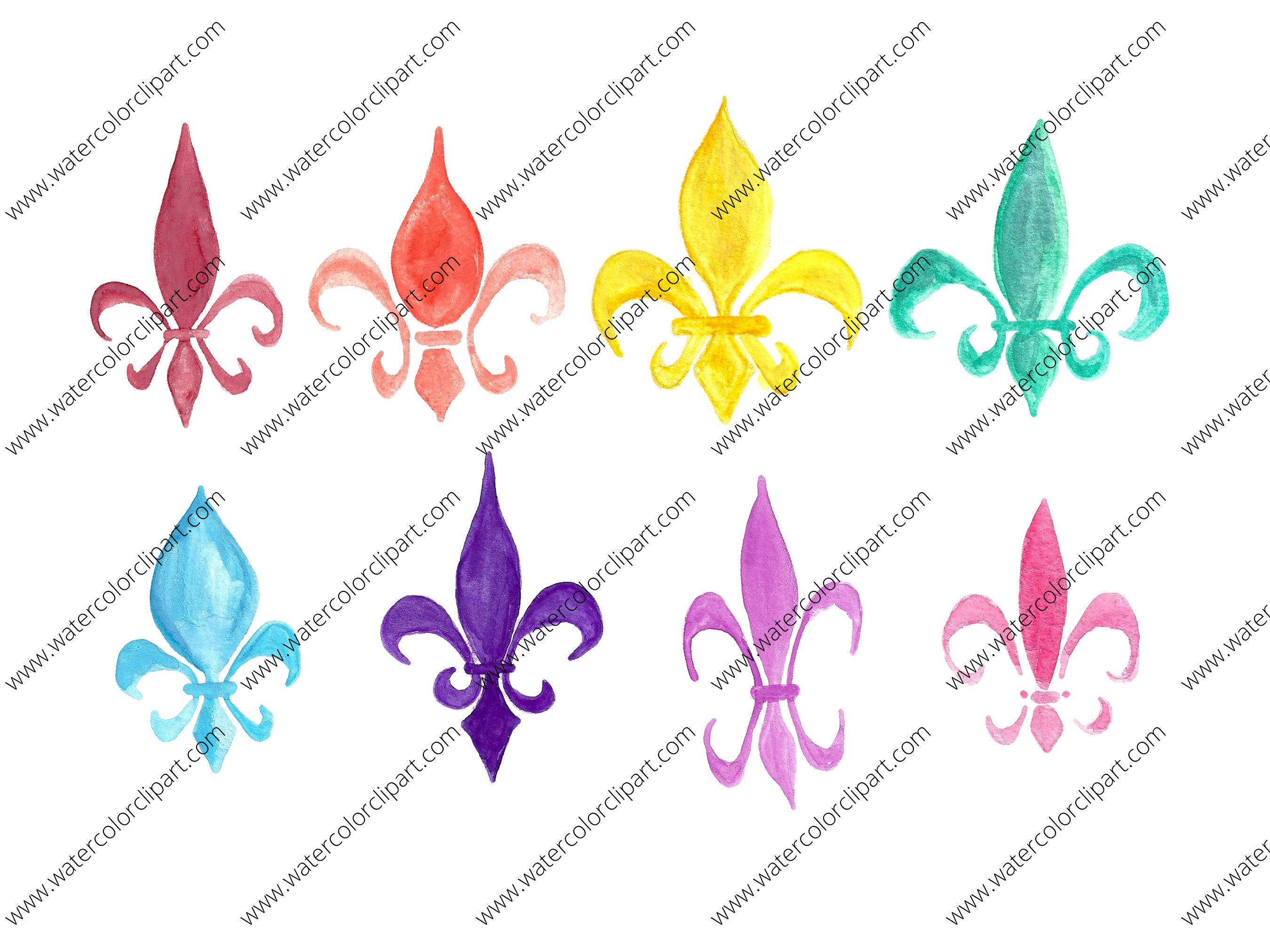 Hand Painted Watercolor Mardi Gras Fleur De Lis Clip Art, INSTANT ...