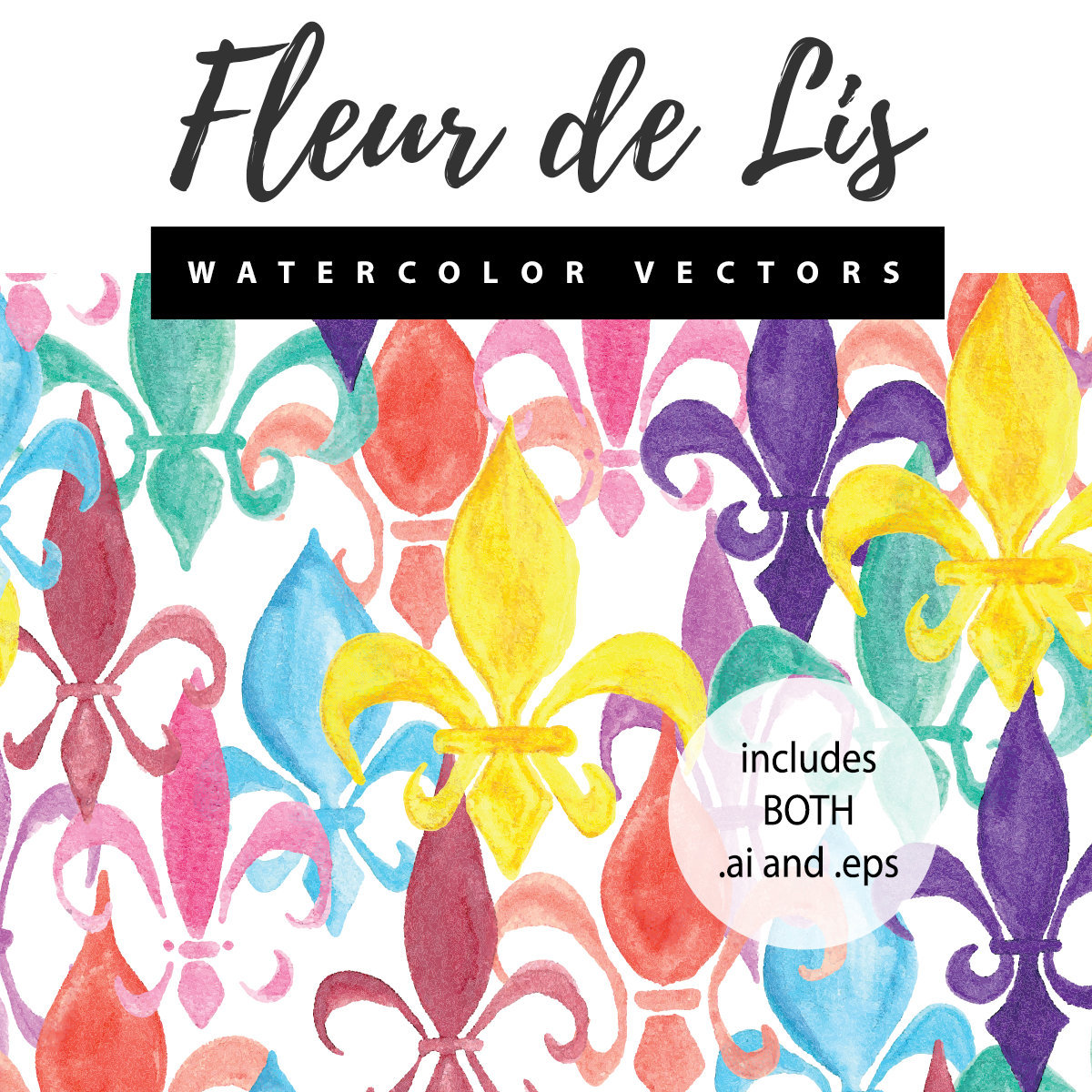 Watercolor Mardi Gras Fleur De Lis Clip Art, Instant Download, Rainbow ...