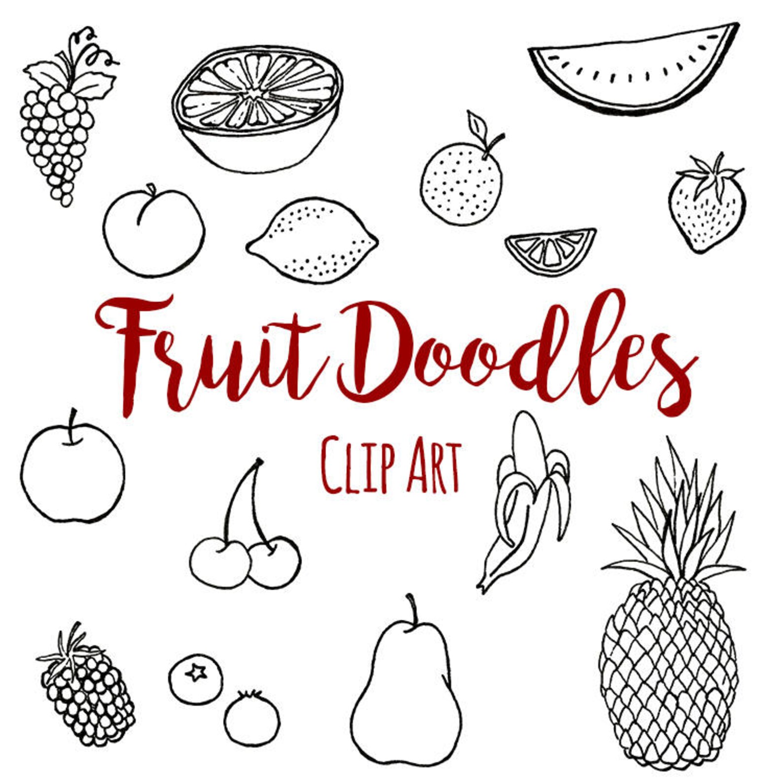 Pen and Ink Fruit Doodle Clip Art, Custom Invitation Clip Art, Digital ...