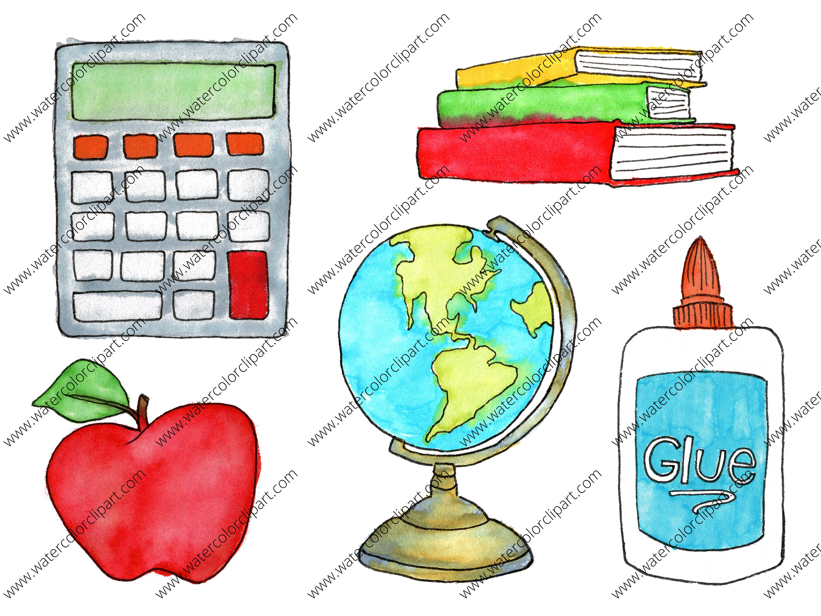 COMMERCIAL LICENSE Included, Watercolor School Supplies Clip Art, Glue ...