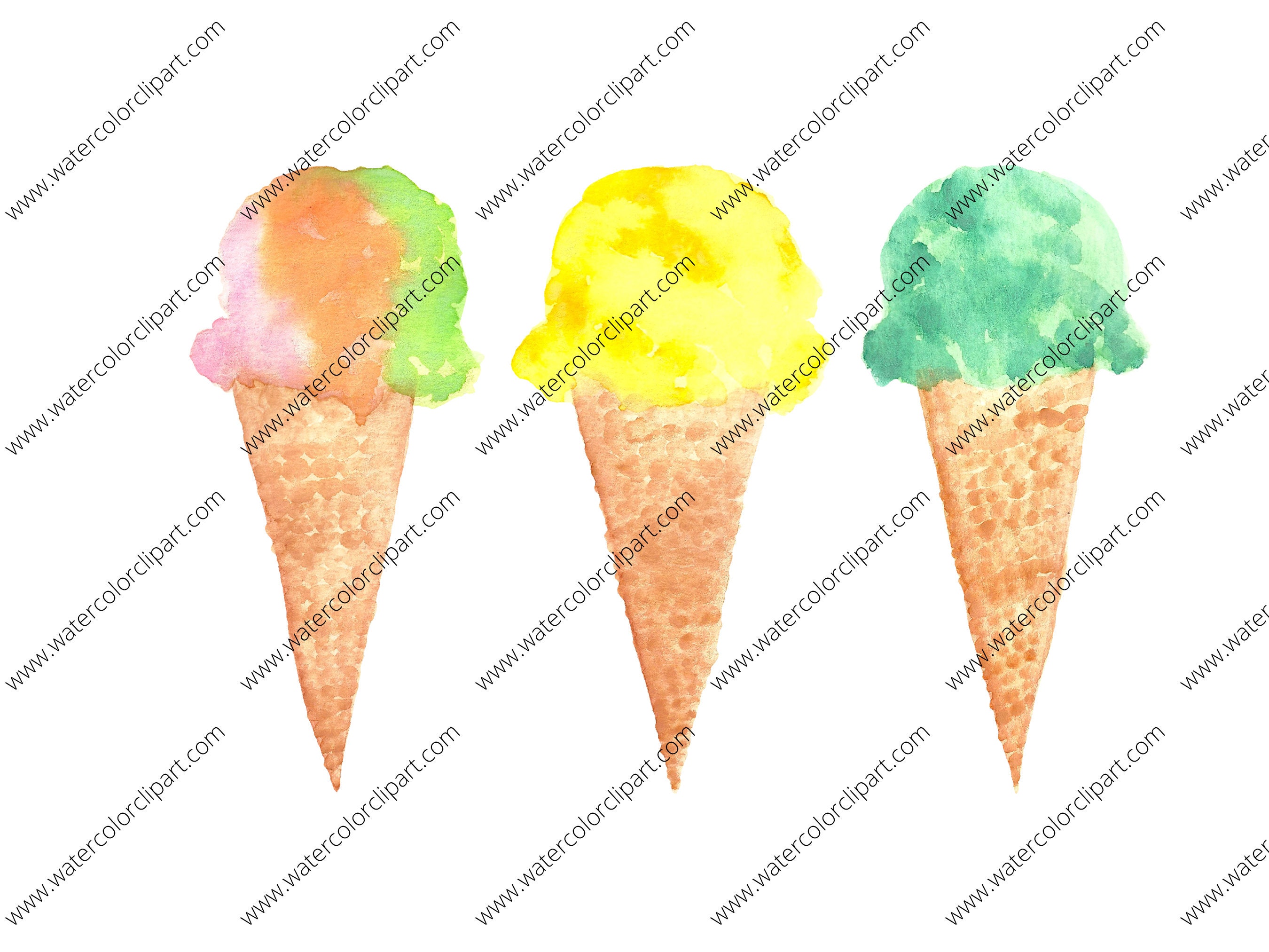 Handpainted Watercolor Ice Cream Cone Clipart, Custom Invitations Clip ...