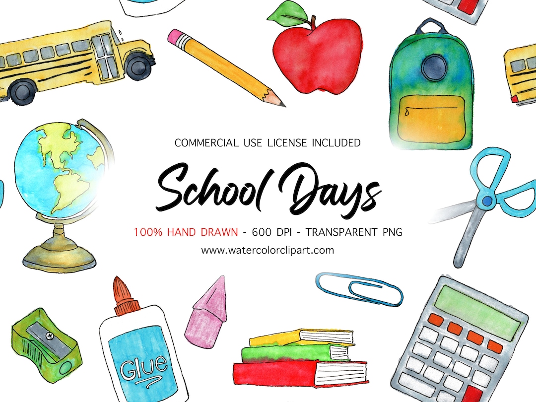 COMMERCIAL LICENSE Included, Watercolor School Supplies Clip Art, Glue ...