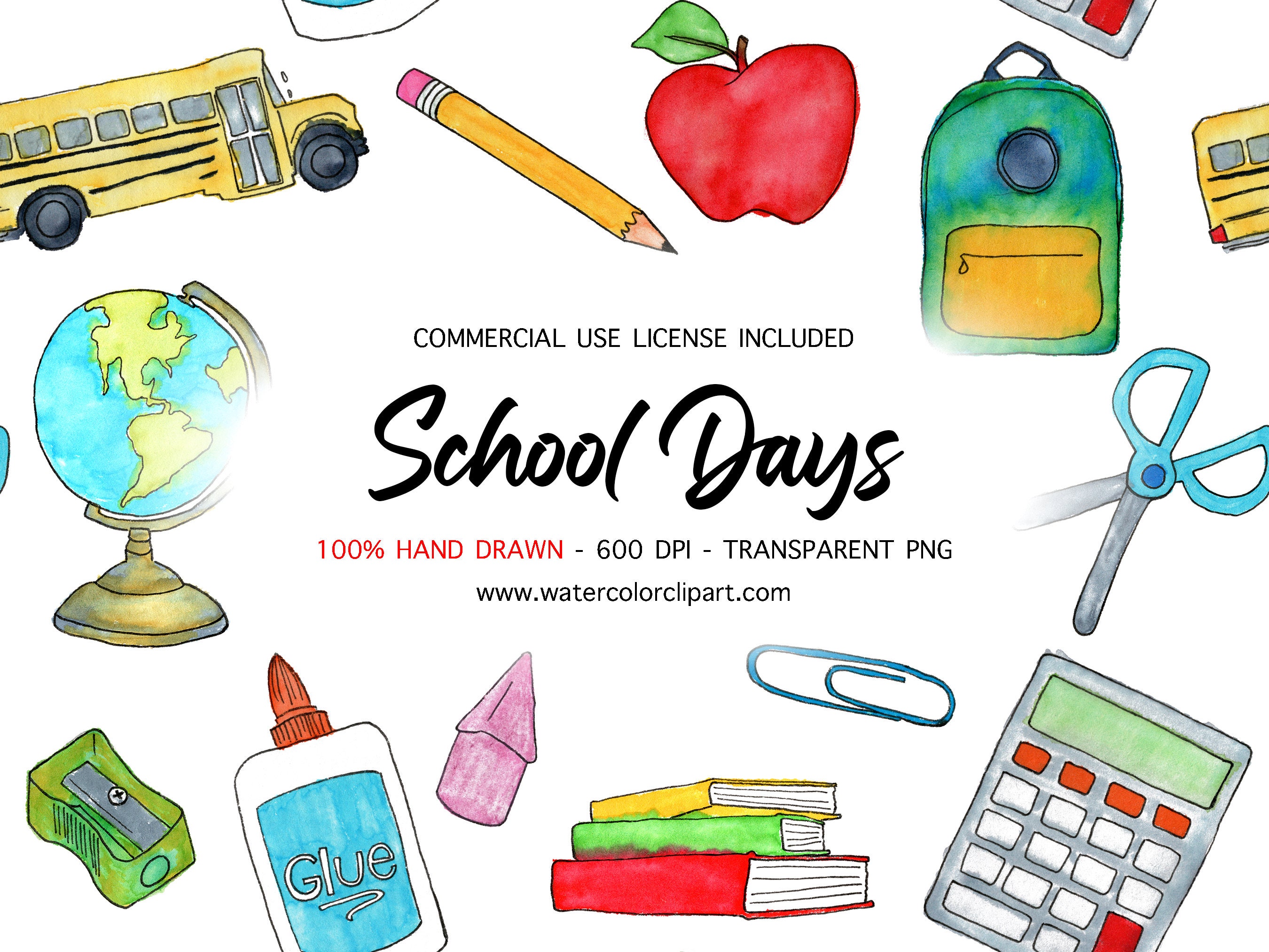 COMMERCIAL LICENSE Included, Watercolor School Supplies Clip Art, Glue ...