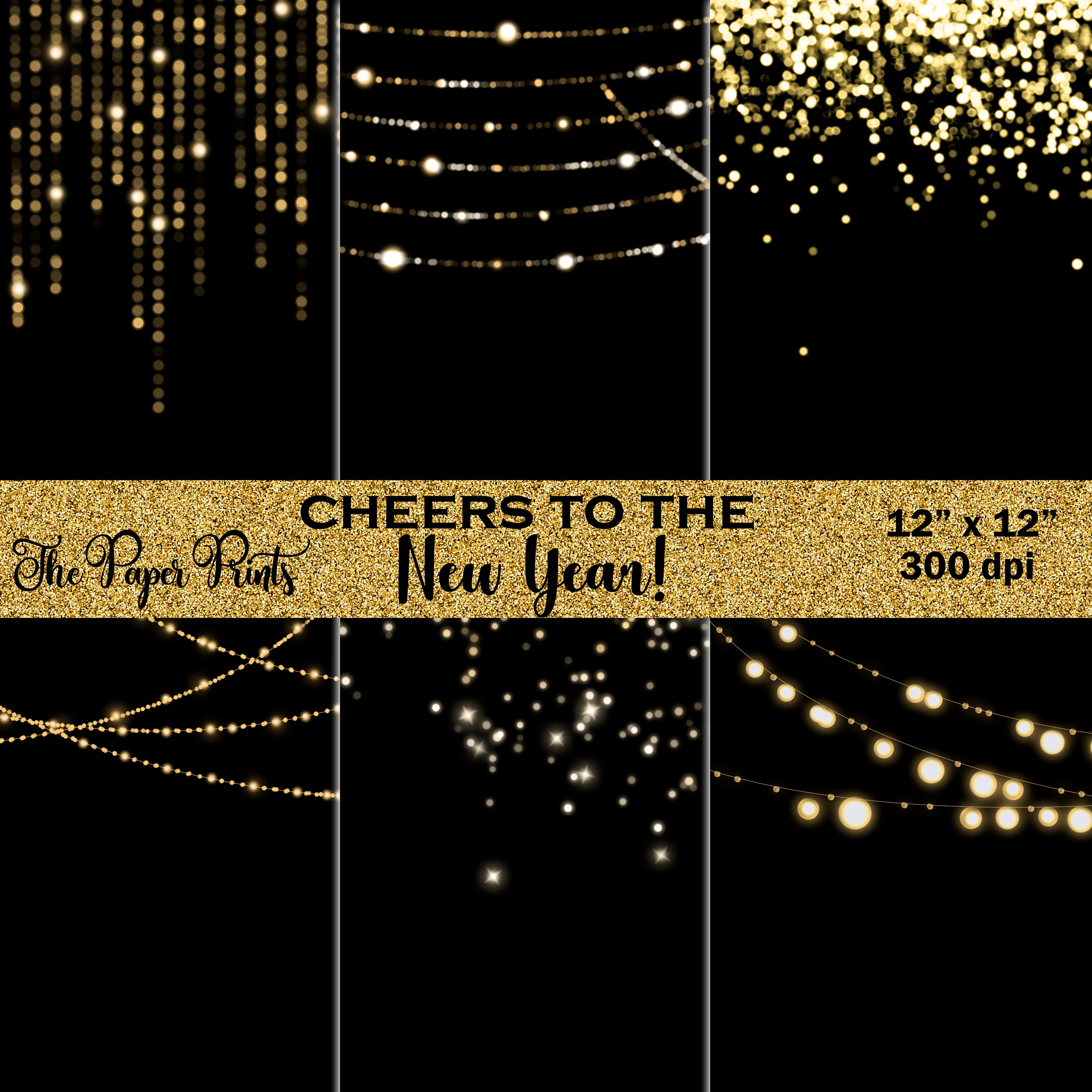 Black and Gold Digital Paper Pack, Gold Confetti Background, INSTANT ...