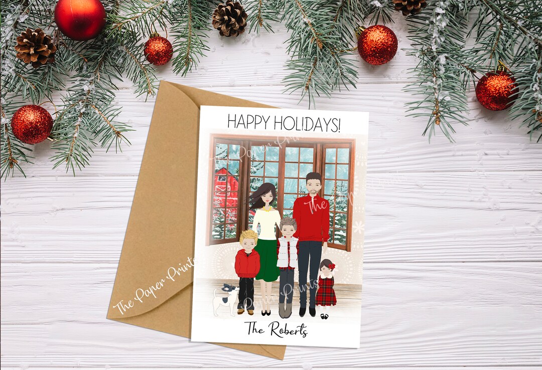 Digital Christmas Card, Illustrated Family Portrait Christmas Holiday ...