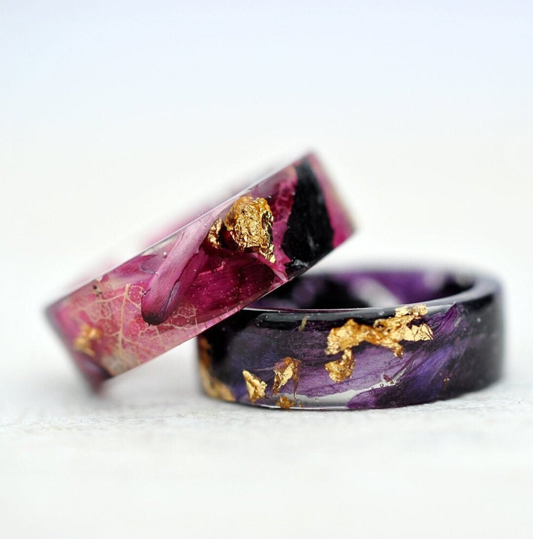 Pink Orchid Resin Ring With Real Pressed Petals, Skeleton Leaves Ring ...