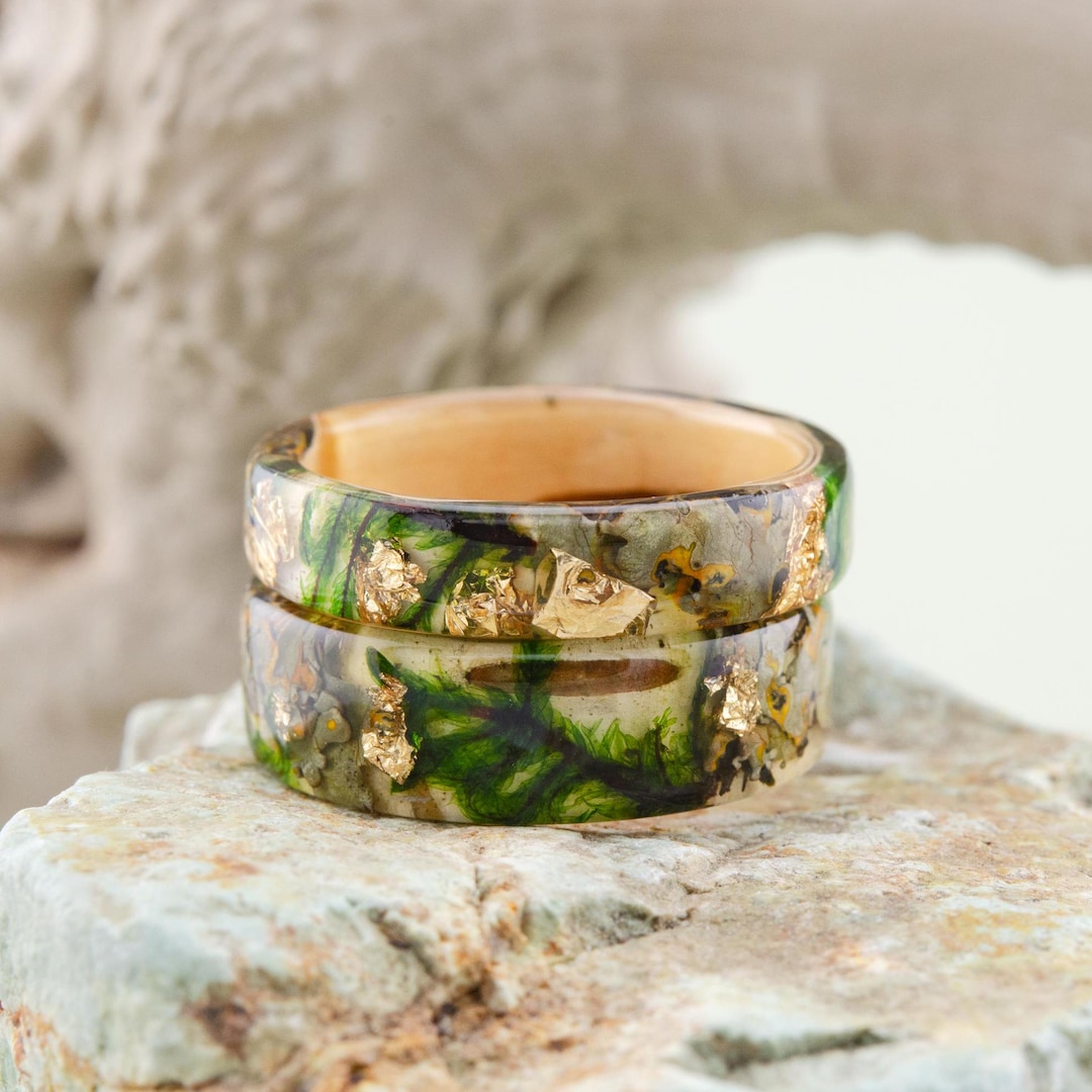 Forest Ring With Birch, Tree Bark, Forest Moss and Gold Flakes. Nature ...