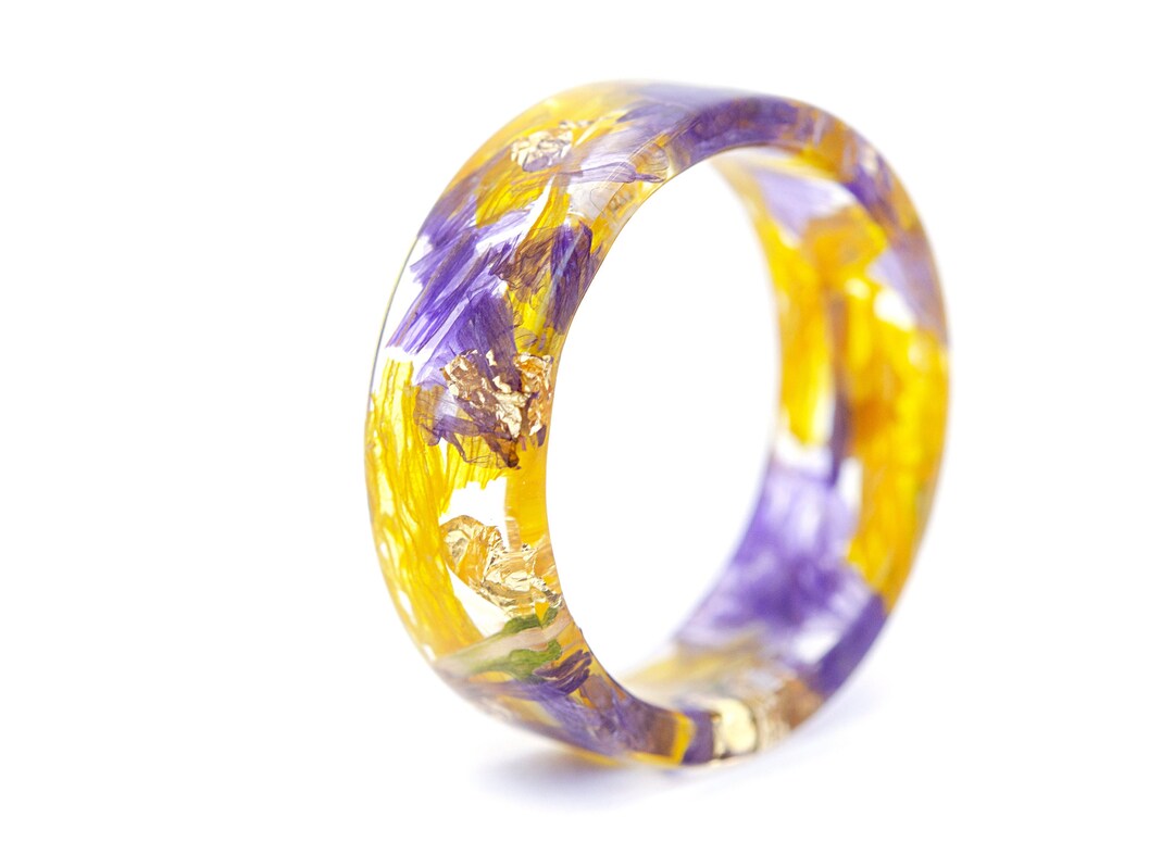 Nature Resin Ring With Natural Pressed Bells, Pink Lilly and Sunflower ...