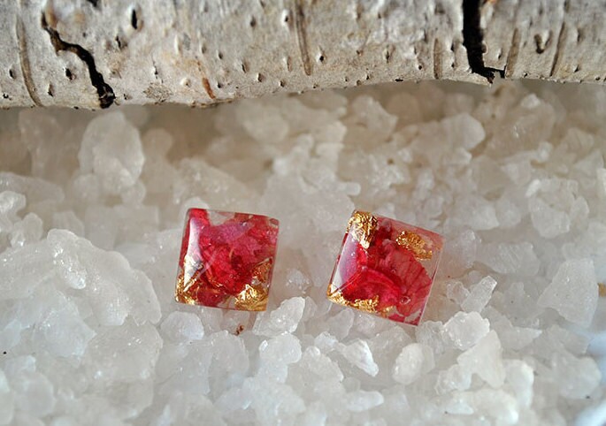Red resin earrings stud earrings botanical earrings stud tiny | Etsy
