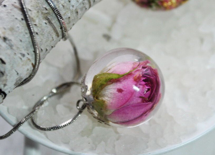 Real Pink Rosebud Resin Sphere Pendant Necklace - Pressed Flower Resin ...
