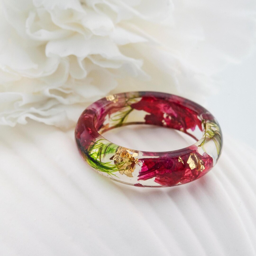 Resin Flower Ring Burgundy Peony, Forest Moss, 24K Gold. Nature ...