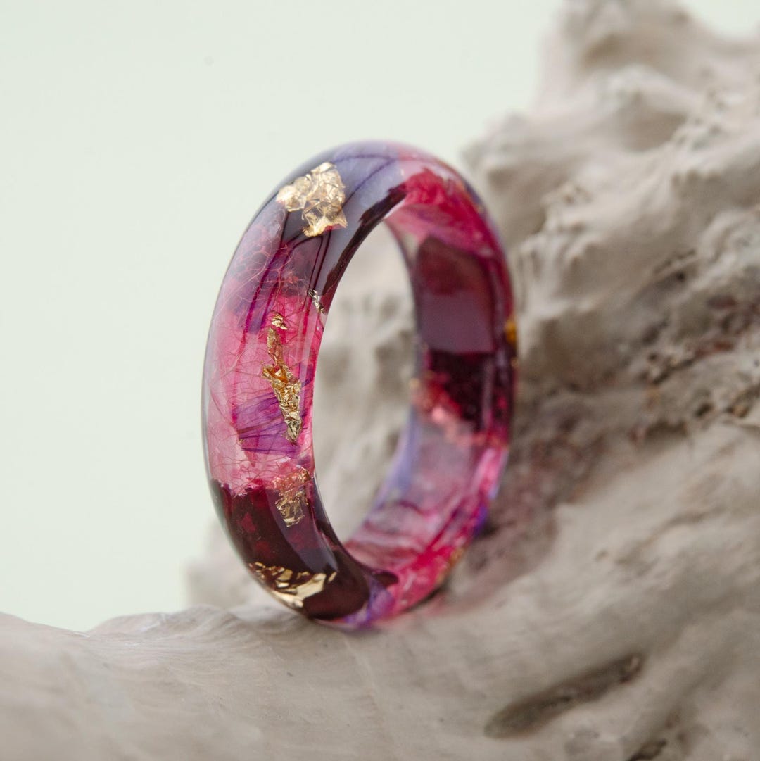 Pink Orchid Resin Ring With Real Pressed Petals , Burgundy Resin Ring ...