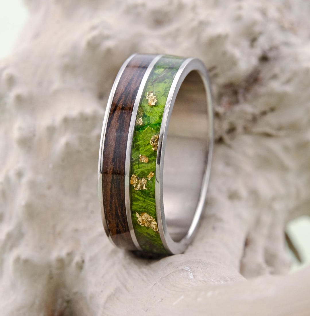 Titanium Wedding Band With Dark Oak, Titanium Ring With Hydrangea Green ...