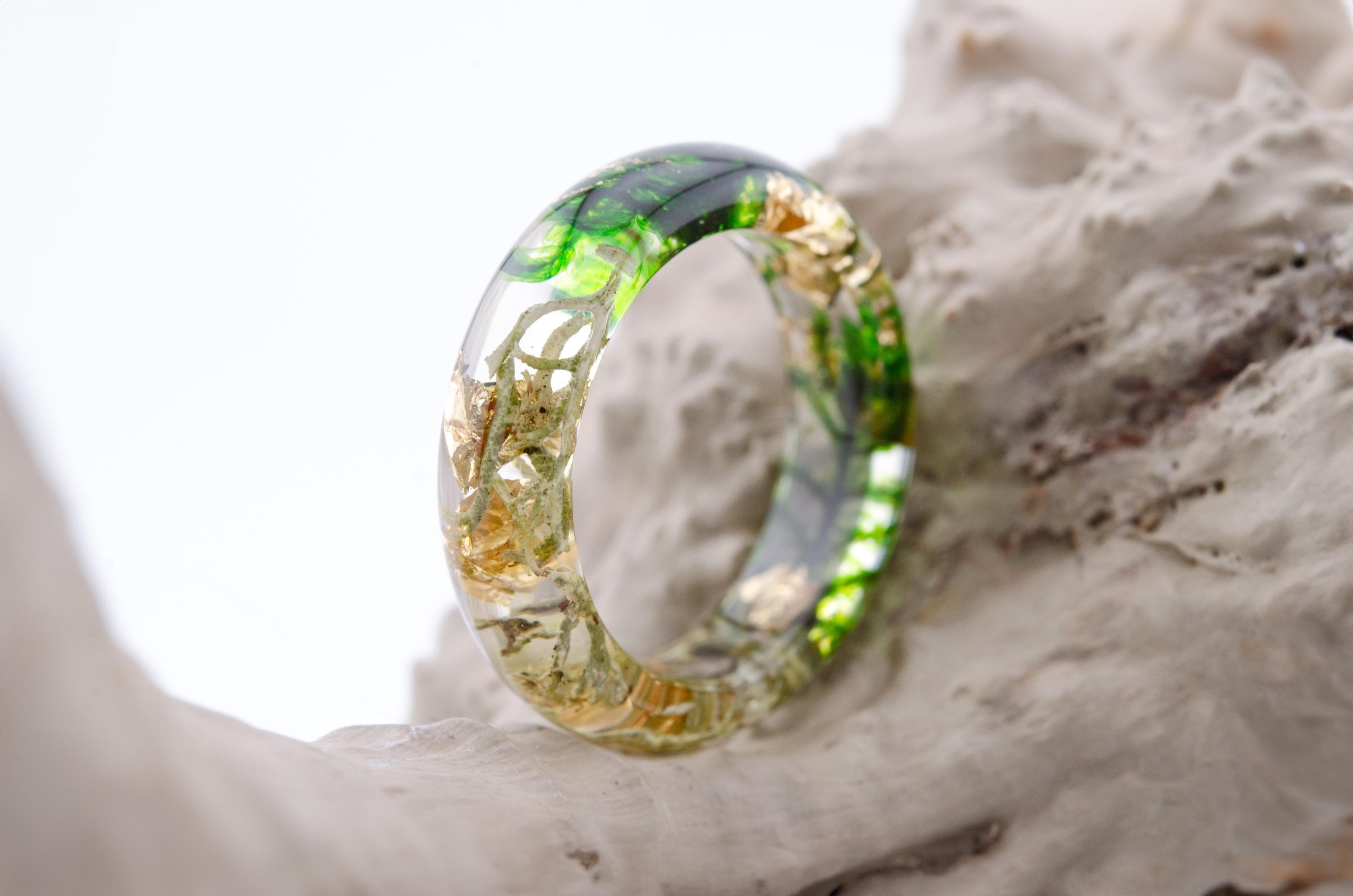 Moss Resin Ring, Green and Grey Moss Ring , Nature Inspired Resin Band ...