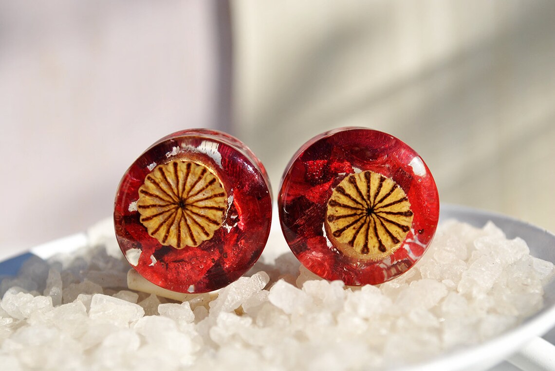 Red Poppy ear plugs resin Red Ear Gauges Floral Plugs | Etsy
