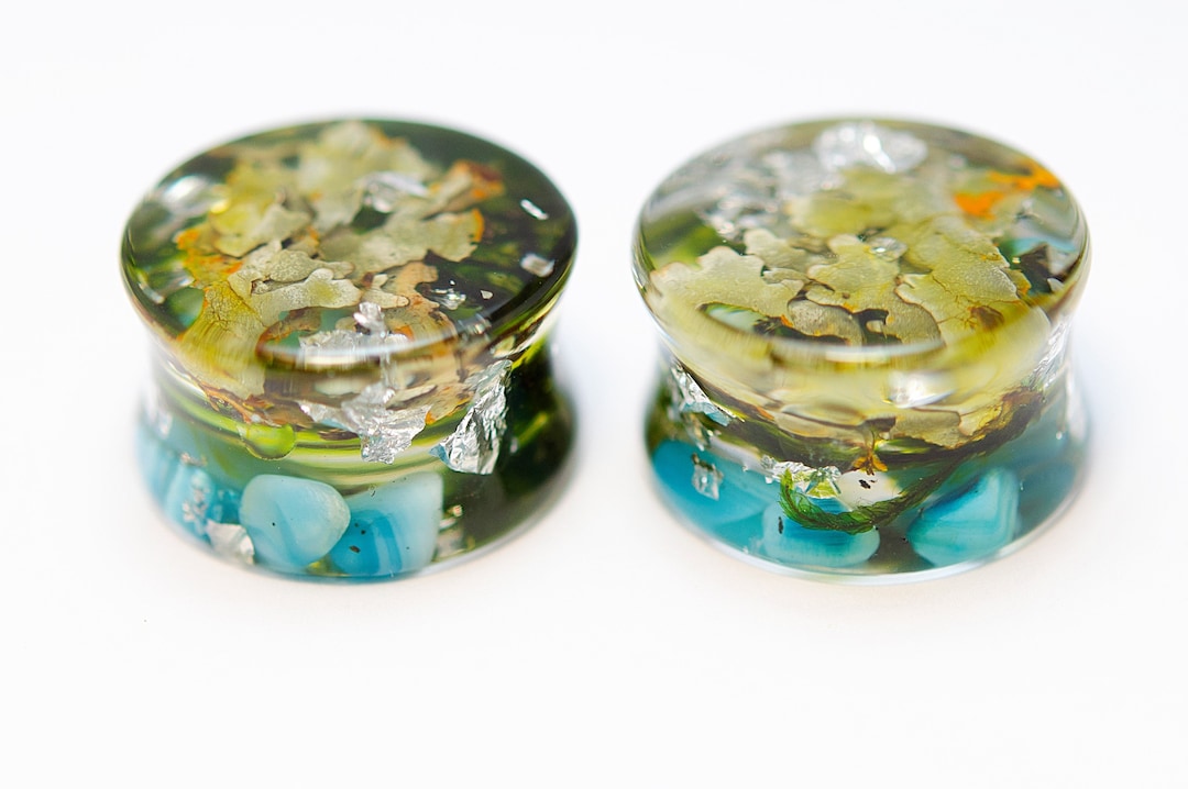 Resin Ear Plugs With Green Moss, Grey Forest Moss and Turquoise Stone ...