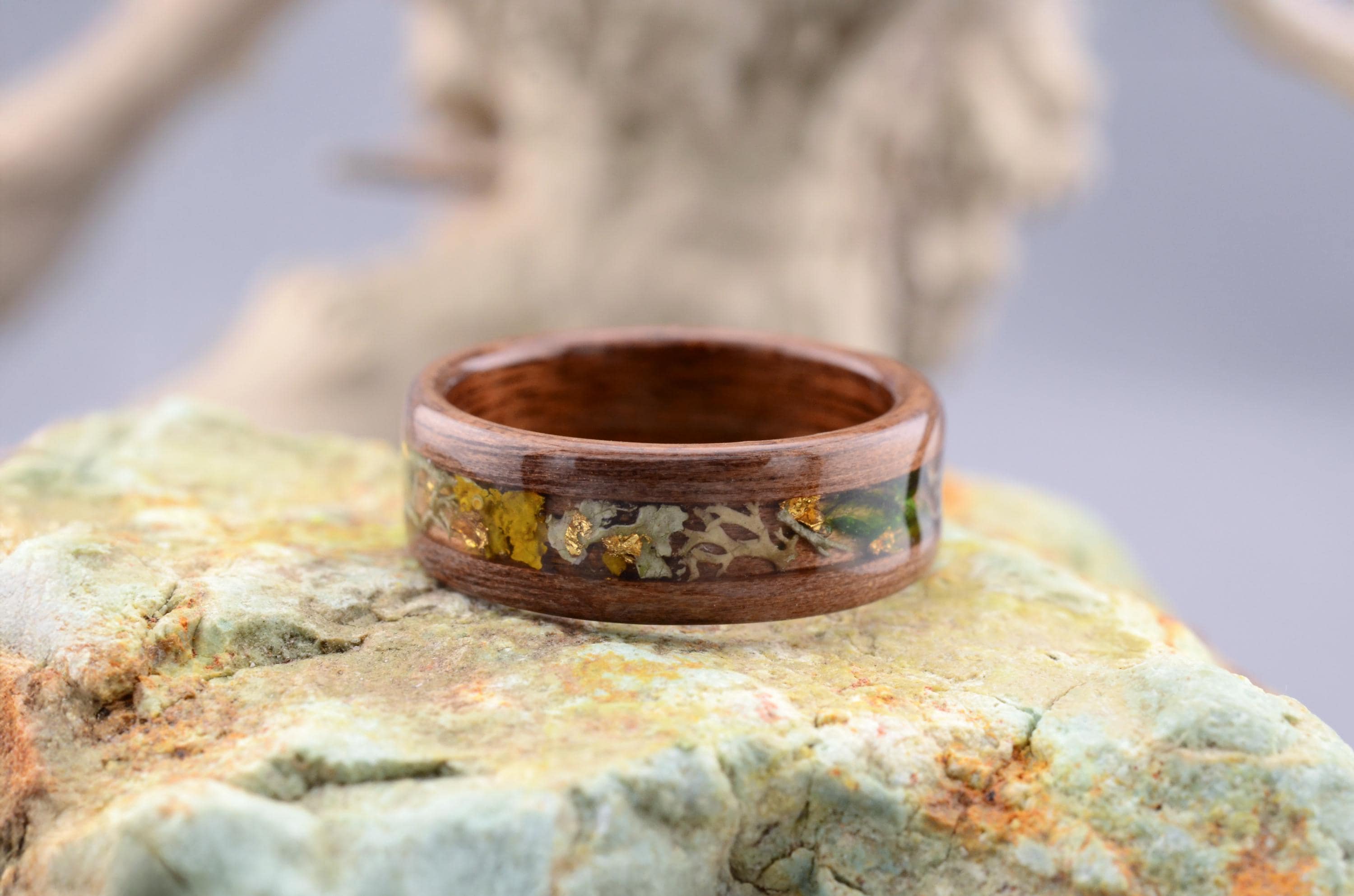 American Walnut Ring With Lichen. Wooden Engagement Rings. Forest Ring ...