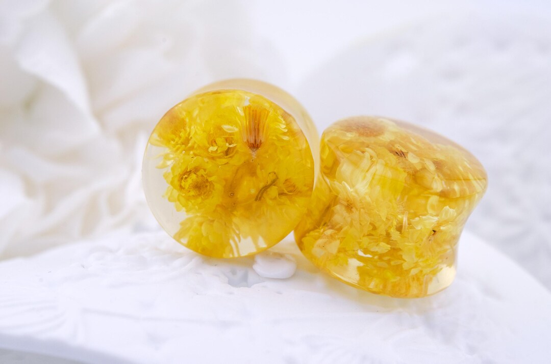 Yellow Ear Tunnels, Resin Plugs With Yellow Immortelle. Yellow Flower ...