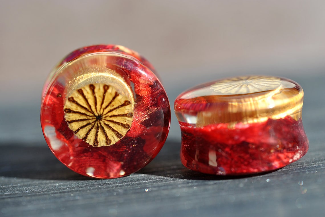 Red Poppy ear plugs resin Red Ear Gauges Floral Plugs | Etsy