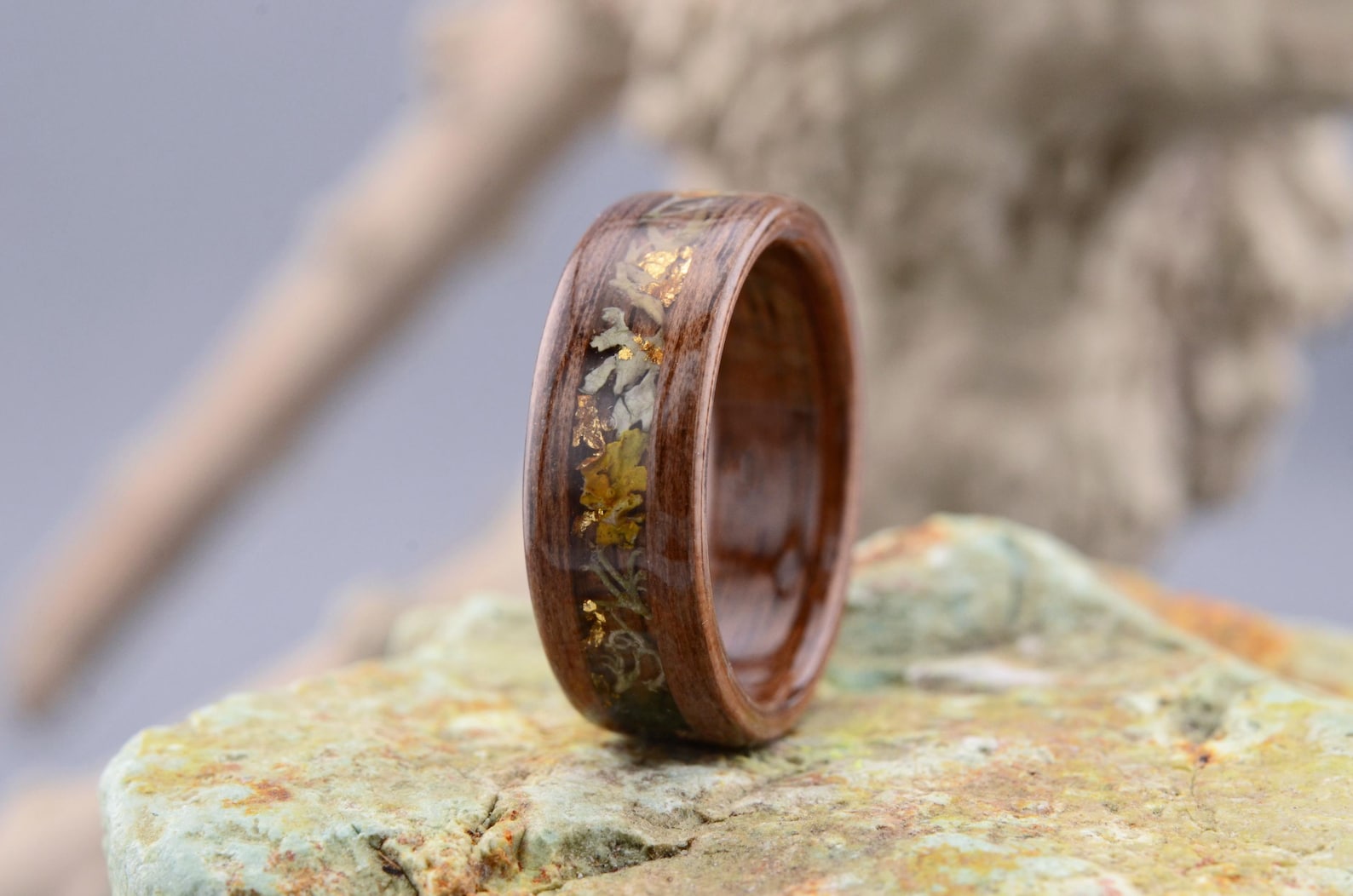 American Walnut Ring With Lichen. Wooden Engagement Rings. Forest Ring ...