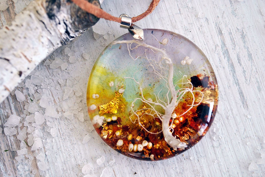 Red Resin Necklace, Nature Necklace With Spices, Resin White Tree ...