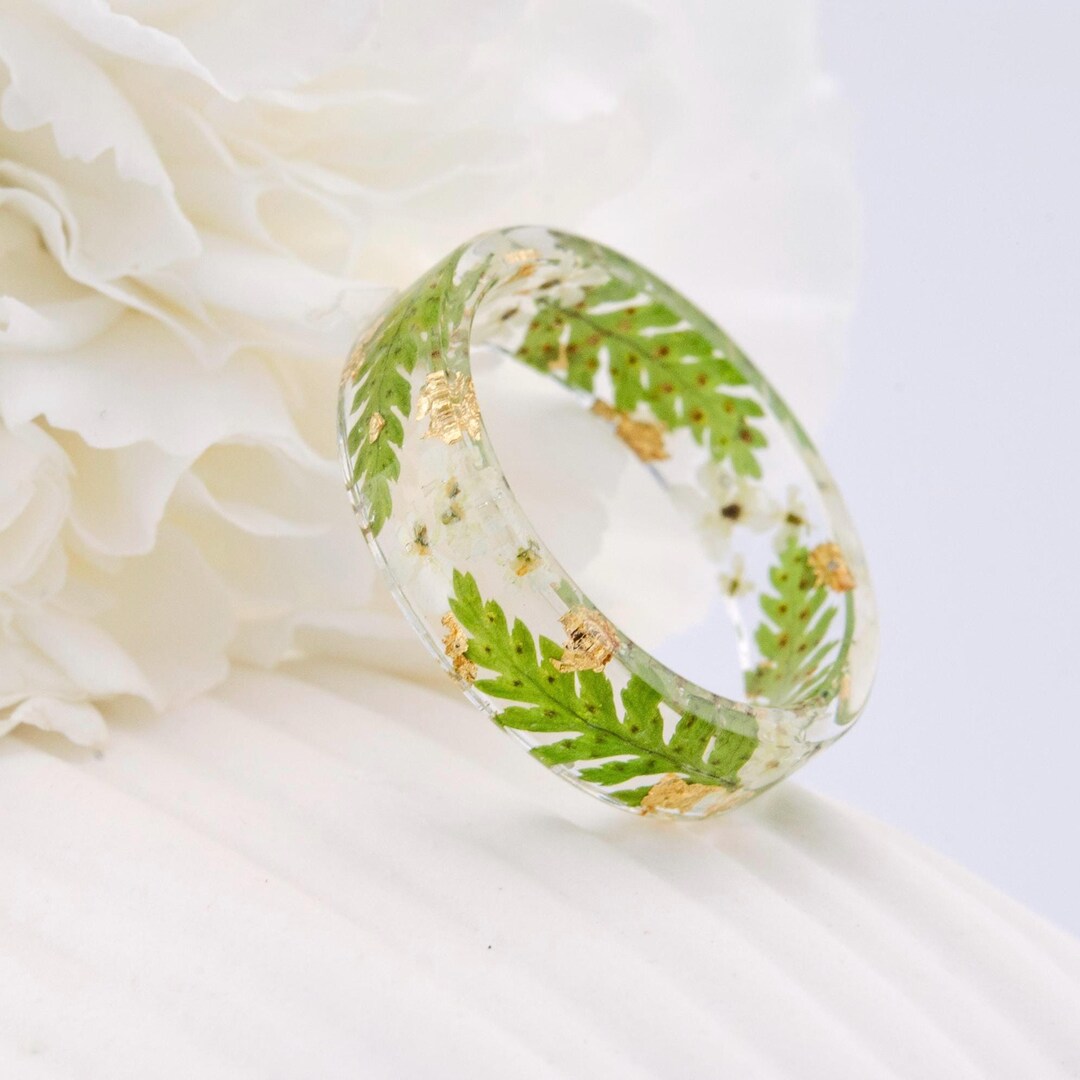Forest Fern Ring, Real Pressed Green Leaves and Gold Flakes, Nature ...