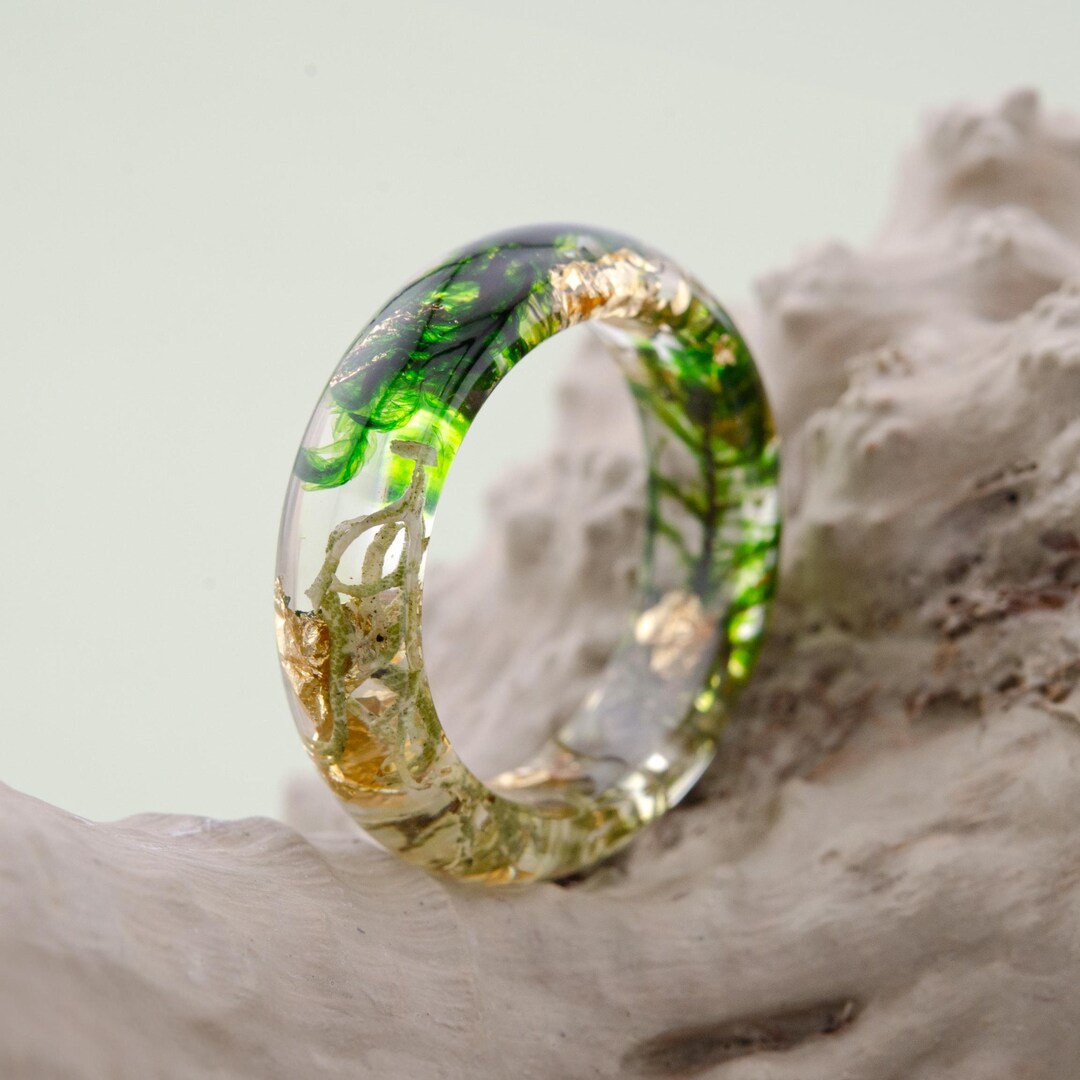 Moss Resin Ring, Green and Grey Moss Ring , Nature Inspired Resin Band ...