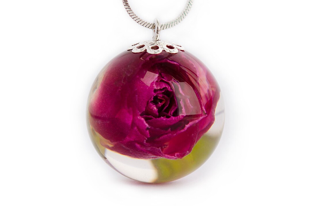 Real Pink Rosebud Resin Sphere Pendant Necklace - Pressed Flower Resin ...