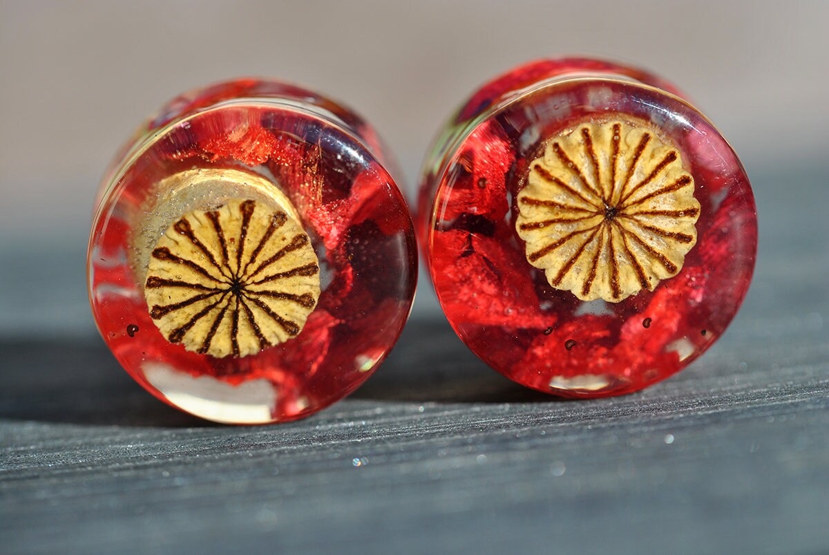 Red Poppy ear plugs resin Red Ear Gauges Floral Plugs | Etsy