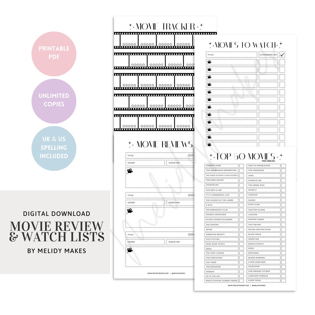 Movie Review Printable | Watch List Printable Download | Digital ...