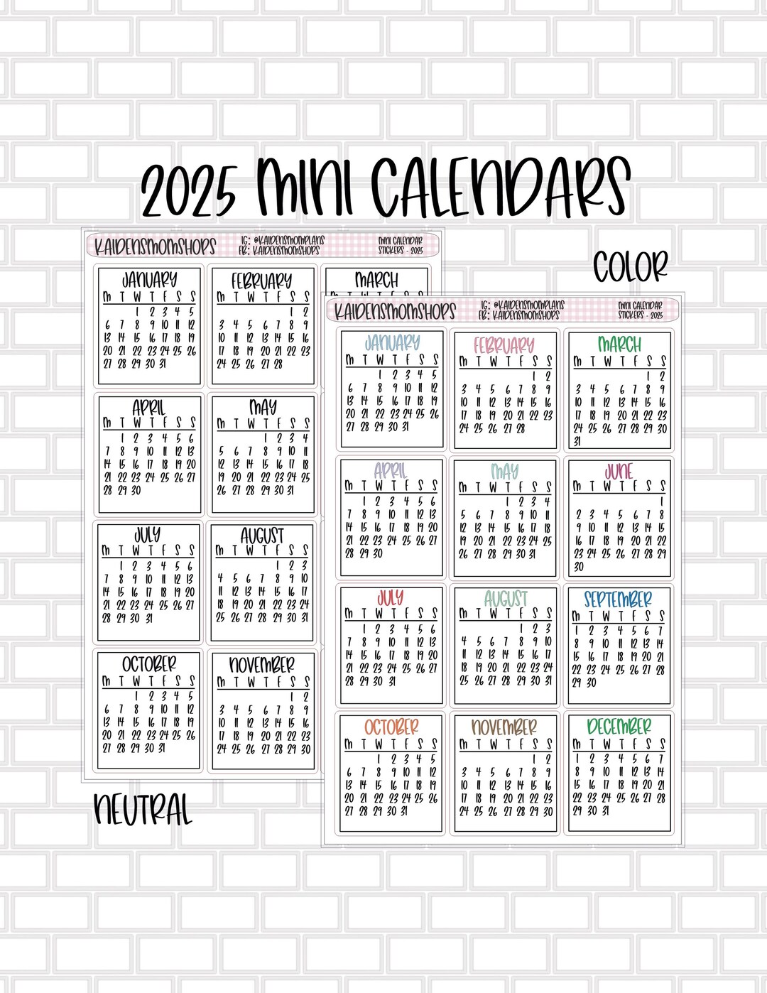 Mini Calendar Stickers - Full Sticker Sheet - Etsy