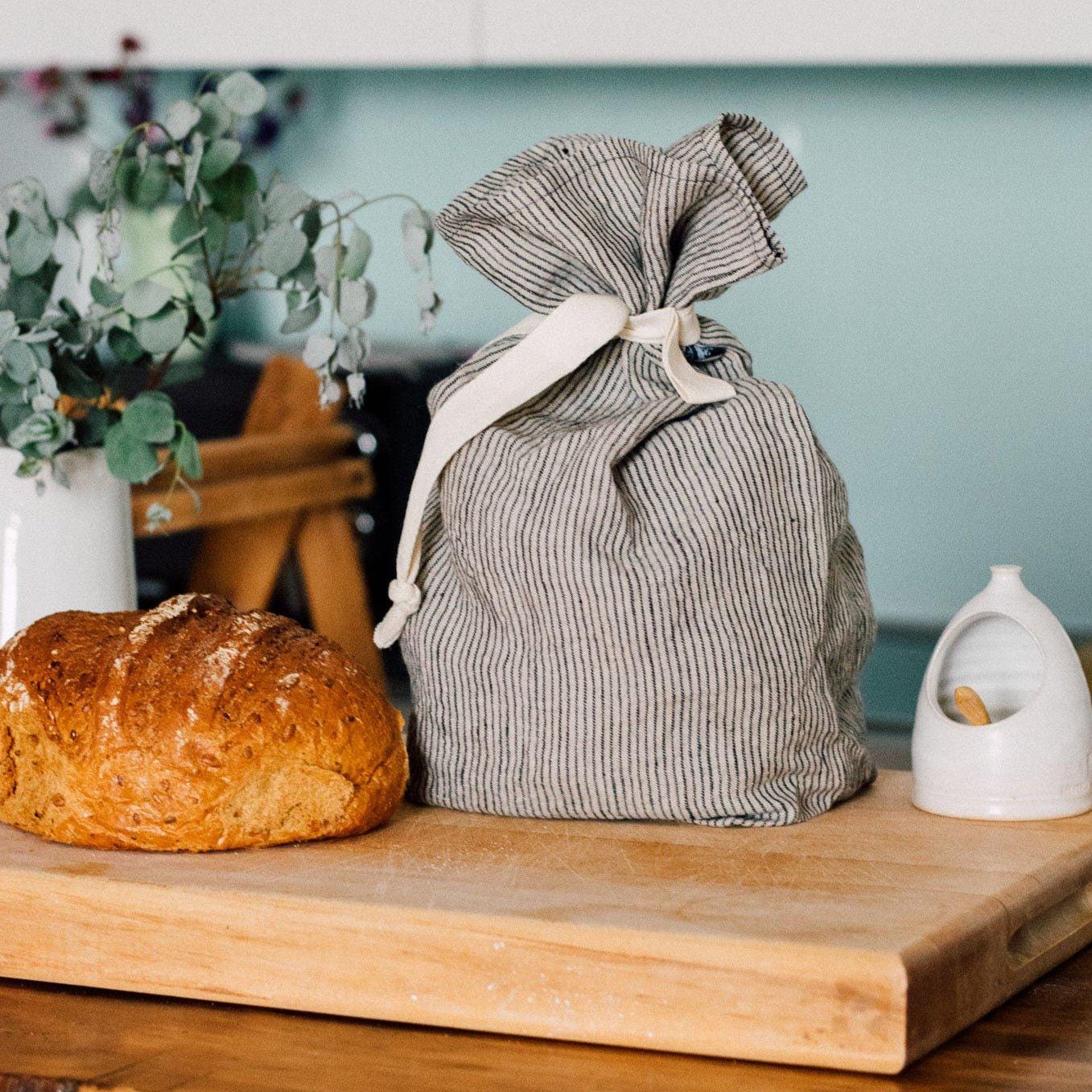 Striped Linen Bread Bag: Dark Blue & Natural, Sustainable Storage - Etsy