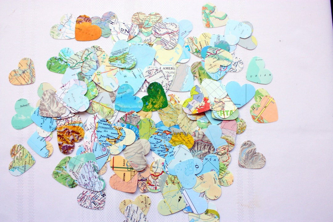 Set of 500 Map Hearts Confetti, Atlas Hearts, Travel Theme, Travel ...