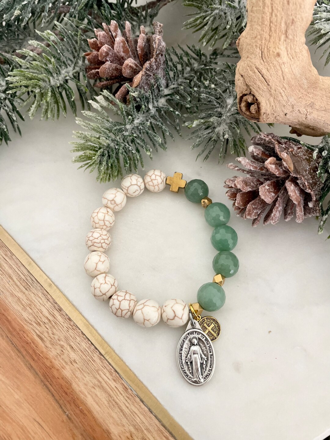 Miraculous Medal and St Benedict| Rosary Prayer Bracelet | Virgin Mary | Blessed Mother | Green ...