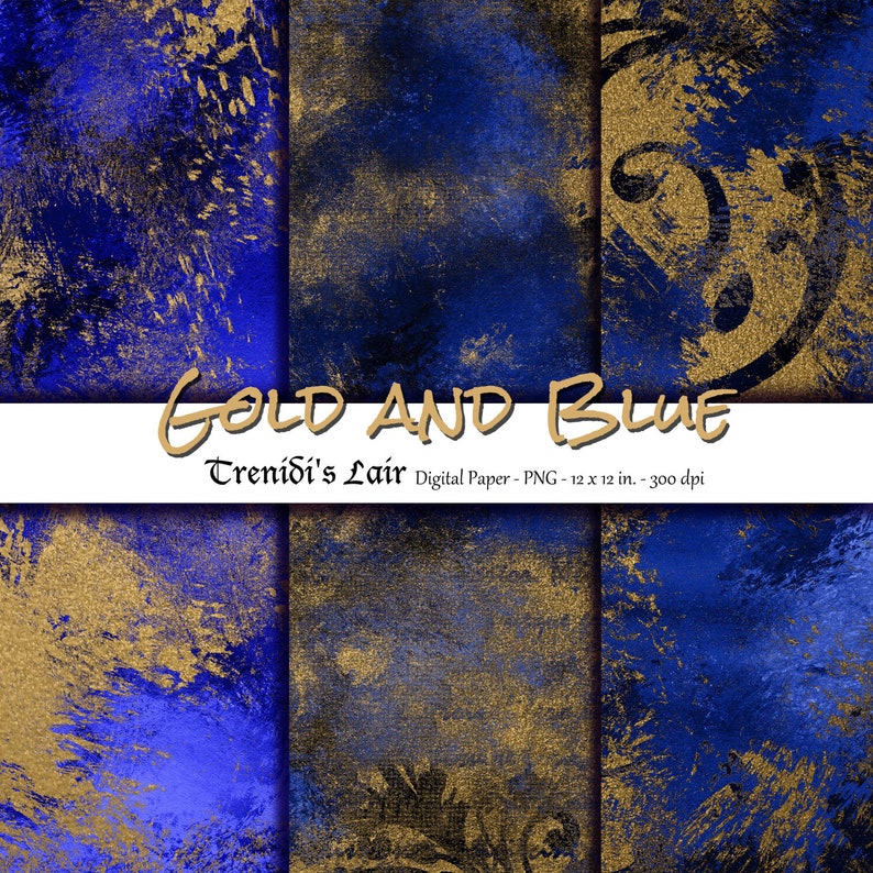 Gold and Blue Digital Paper, Printable Scrapbook Paper - Etsy