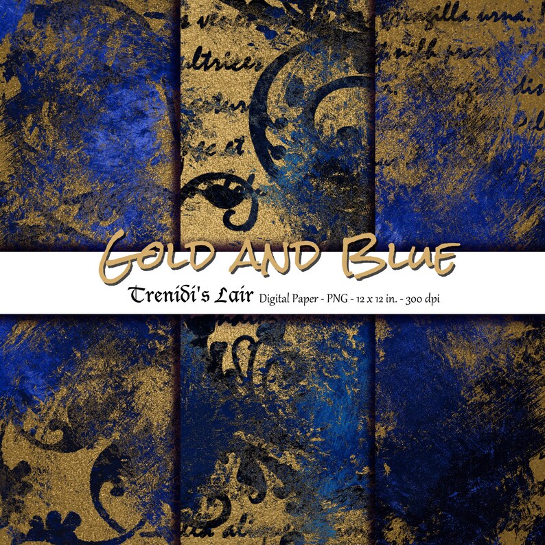 Gold and Blue Digital Paper, Printable Scrapbook Paper - Etsy