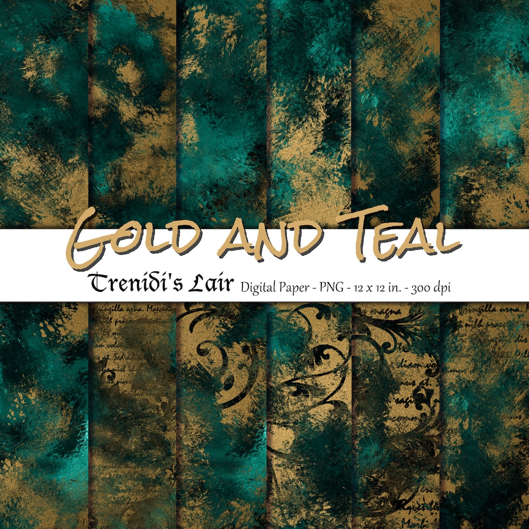 Gold and Teal Digital Paper, Printable Scrapbook Paper - Etsy