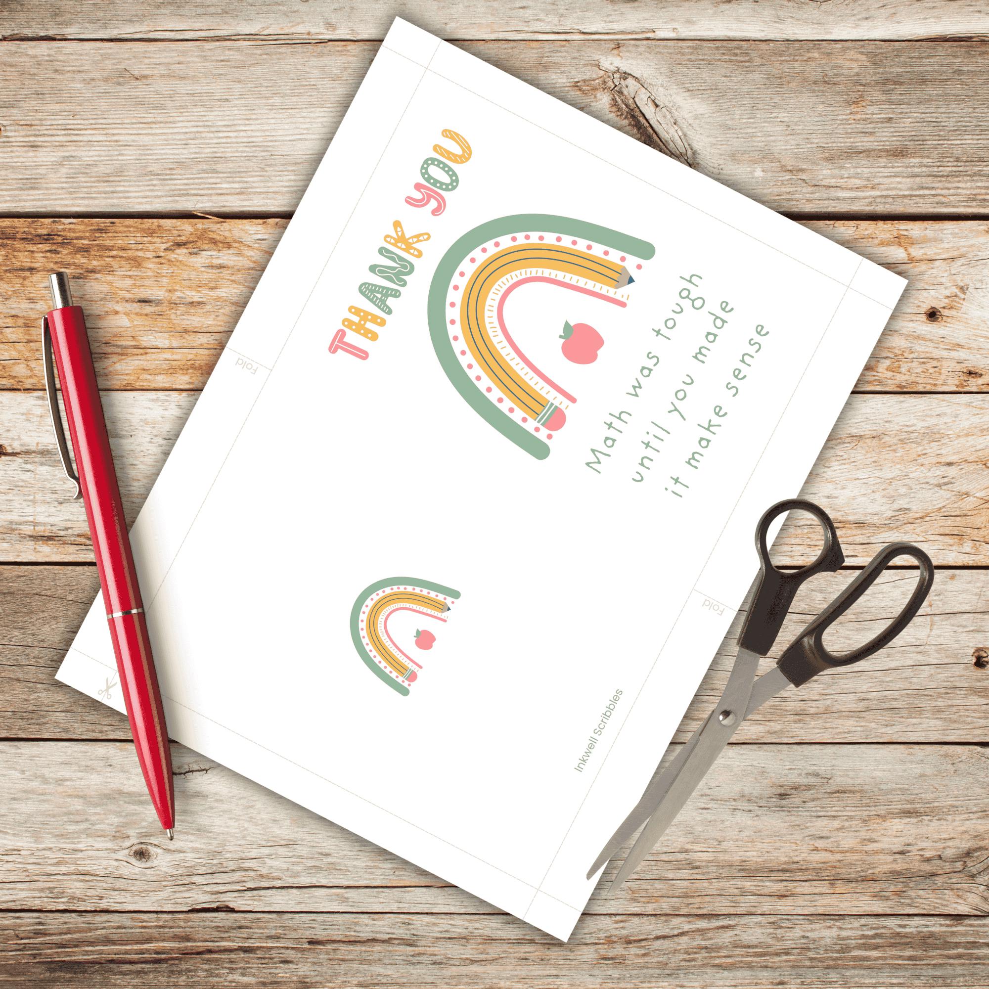 Math Teacher Appreciation Card Printable, 5x7 Card With Envelope, White ...