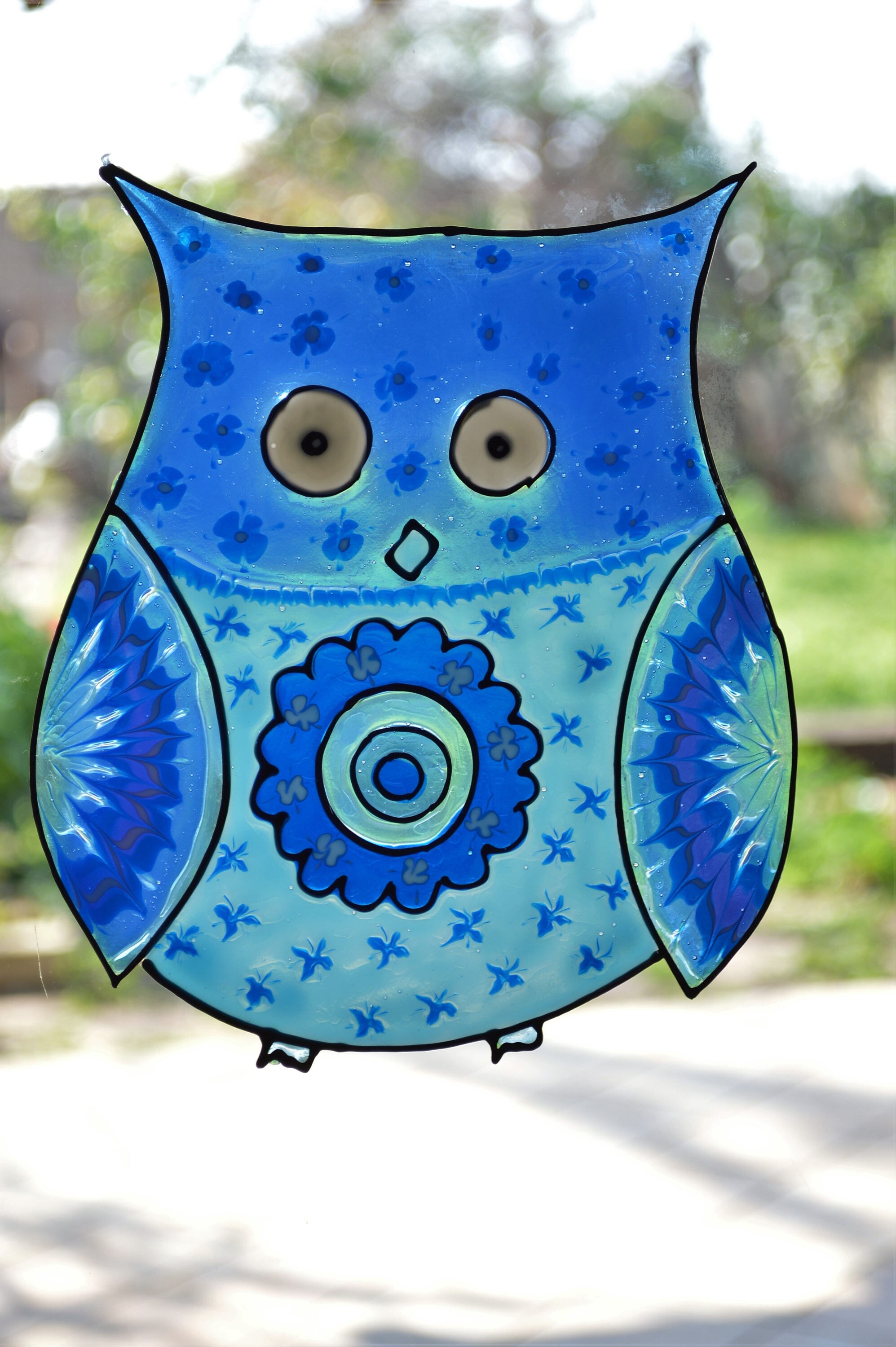 Big Owl Window Sticker in Blue Shades Unique Glass Decal for | Etsy