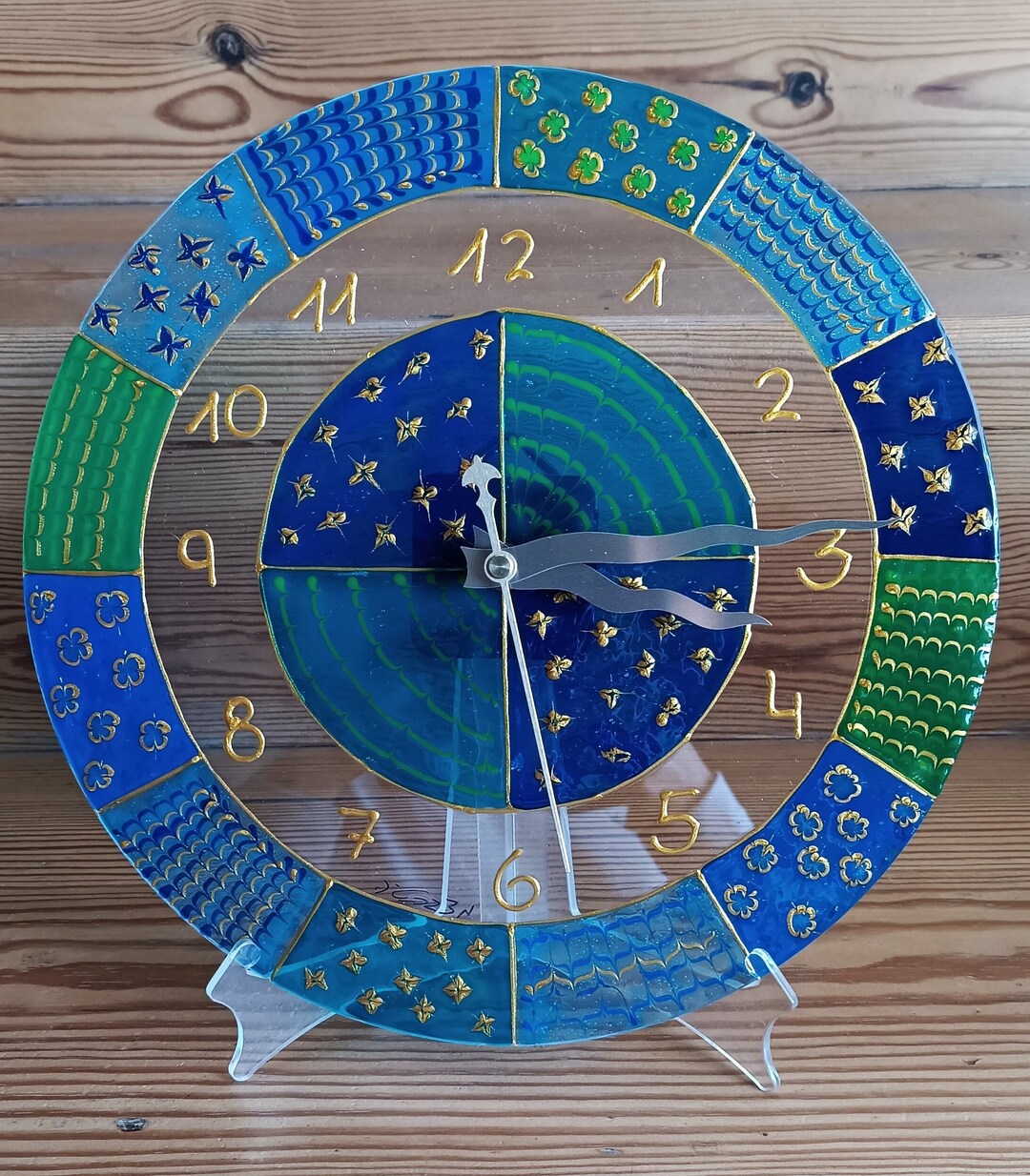 Wall Clock, Hand-painted Blue and Green One of a Kind Wall Clock, Large ...